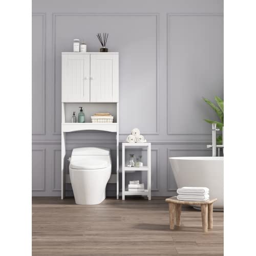 Over The Toilet Storage Cabinet with 2 Doors and Shelf, 3-Tier Space Saving Organizer Rack, Stable Freestanding Above Toilet Stand, Bathroom Cabinet for Bathroom, Restroom, Laundry, White