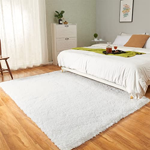 YQQRIGRO 8x10 Feet Rugs for Bedroom, White Super Soft Shaggy Rugs Fluffy Carpets, Indoor Modern Plush Area Rugs for Living Room Dorm Kids Room, Fuzzy Non-Slip Rugs for Kids Boys Girls