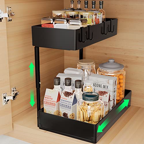 Under Sink Organizer, Height Adjustable Under Sink Organizers and Storage, 2-Tier Pull Out Cabinet Organizers and Storage with 4 Hooks & Cup for Kitchen, Bathroom, Countertop(1 Pack)