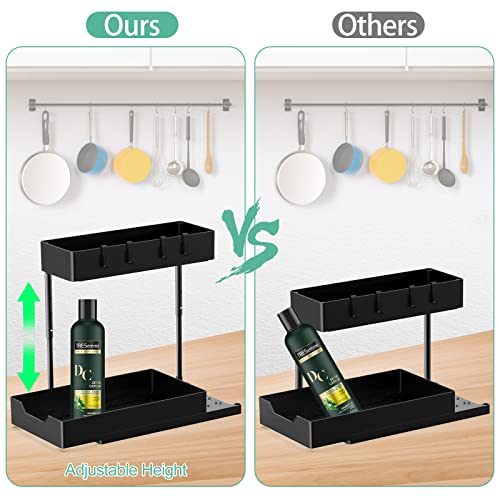 Under Sink Organizer, Height Adjustable Under Sink Organizers and Storage, 2-Tier Pull Out Cabinet Organizers and Storage with 4 Hooks & Cup for Kitchen, Bathroom, Countertop(1 Pack)