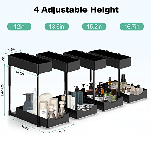 Under Sink Organizer, Height Adjustable Under Sink Organizers and Storage, 2-Tier Pull Out Cabinet Organizers and Storage with 4 Hooks & Cup for Kitchen, Bathroom, Countertop(1 Pack)