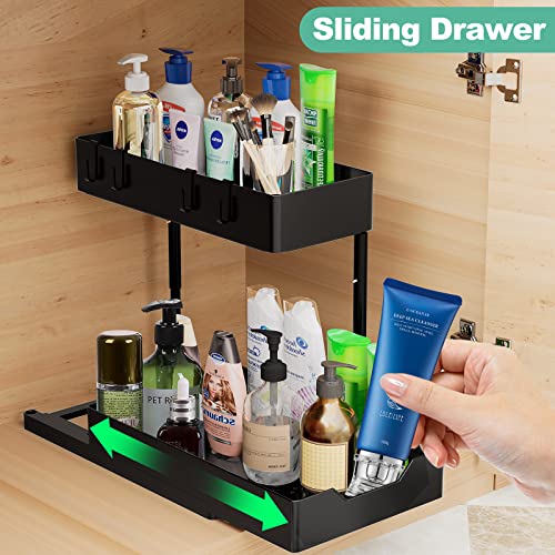 Under Sink Organizer, Height Adjustable Under Sink Organizers and Storage, 2-Tier Pull Out Cabinet Organizers and Storage with 4 Hooks & Cup for Kitchen, Bathroom, Countertop(1 Pack)