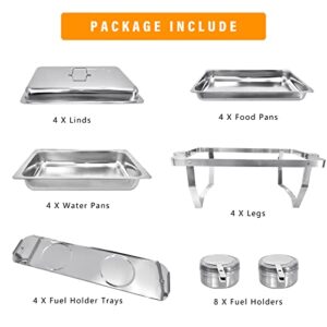 PRIJESSE 4 Pack 8QT Chafing Dish Buffet Set Stainless Steel Food Warmer Chafer Complete Set with Water Pan, Chafing Fuel Holder for Party Catering,Silver