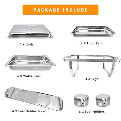 PRIJESSE 4 Pack 8QT Chafing Dish Buffet Set Stainless Steel Food Warmer Chafer Complete Set with Water Pan, Chafing Fuel Holder for Party Catering,Silver