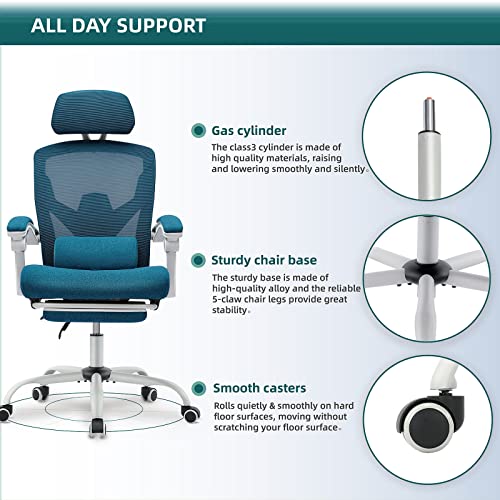 Sweetcrispy High Back Lumbar Pillow and Retractable Footrest, Height Ergonomic Padded Armrests and Adjustable Headrest Swivel Rolling Home Office, Reclining Mesh Chair, Blue