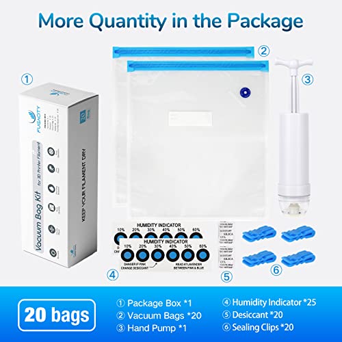 FugaCity 3D Printer Filament Storage Vacuum Bags Kit- 20Pack Reusable Vacuum Bags (PA+PE 13.8 ×12.6 in) with 20 Desiccants / 20 Humidity Cards /20 Clips/ 1 Hand Pump for Keep Filament Clean & Dry