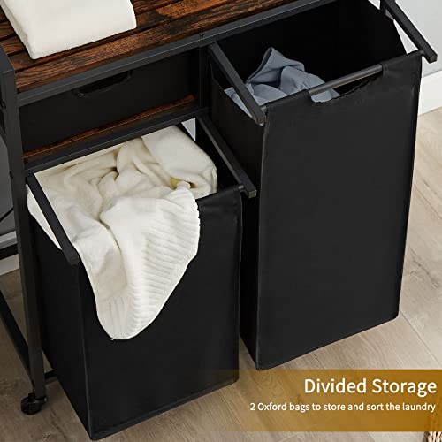 GNIXUU Double Laundry Hamper with Top Shelf and Storage Drawer, 2 Section Laundry Basket with 2 Removable Laundry Sorter Bags, Large Clothes Hamper for Laundry Room, Bathroom(Black and Brown)