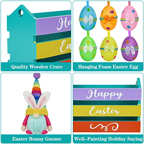 Easter Decorations for Home Indoor, Wooden Crate with Easter Bunny Gnome Plush & 6 Foam Easter Eggs Ornaments Farmhouse Easter Tiered Tray Decor Shelf Mantle Happy Easter Table Centerpiece Easter Gift