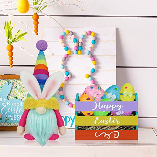 Easter Decorations for Home Indoor, Wooden Crate with Easter Bunny Gnome Plush & 6 Foam Easter Eggs Ornaments Farmhouse Easter Tiered Tray Decor Shelf Mantle Happy Easter Table Centerpiece Easter Gift