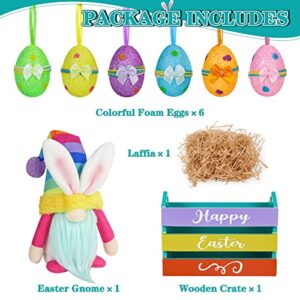 Easter Decorations for Home Indoor, Wooden Crate with Easter Bunny Gnome Plush & 6 Foam Easter Eggs Ornaments Farmhouse Easter Tiered Tray Decor Shelf Mantle Happy Easter Table Centerpiece Easter Gift