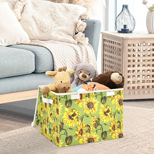 innewgogo Sunflowers Storage Bins with Lids for Organizing Baskets Cube with Cover with Handles Oxford Cloth Storage Cube Box for Books