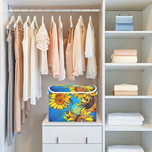 innewgogo Sunflowers Storage Bins with Lids for Organizing Foldable Storage Box With Lid with Handles Oxford Cloth Storage Cube Box for Home