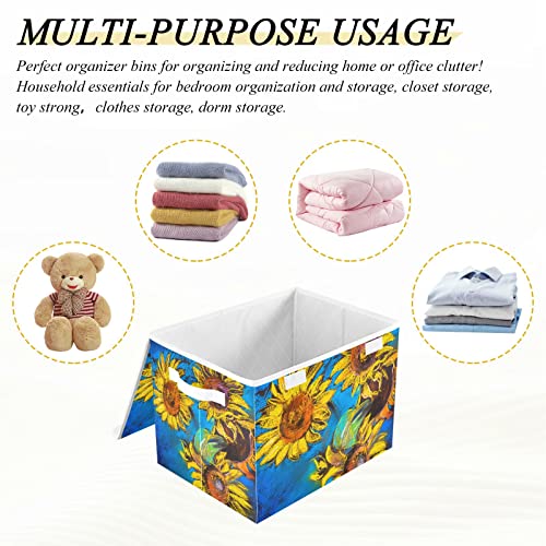 innewgogo Sunflowers Storage Bins with Lids for Organizing Foldable Storage Box With Lid with Handles Oxford Cloth Storage Cube Box for Home