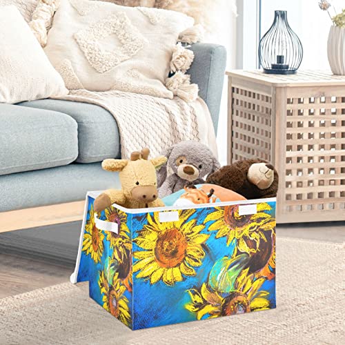 innewgogo Sunflowers Storage Bins with Lids for Organizing Foldable Storage Box With Lid with Handles Oxford Cloth Storage Cube Box for Home