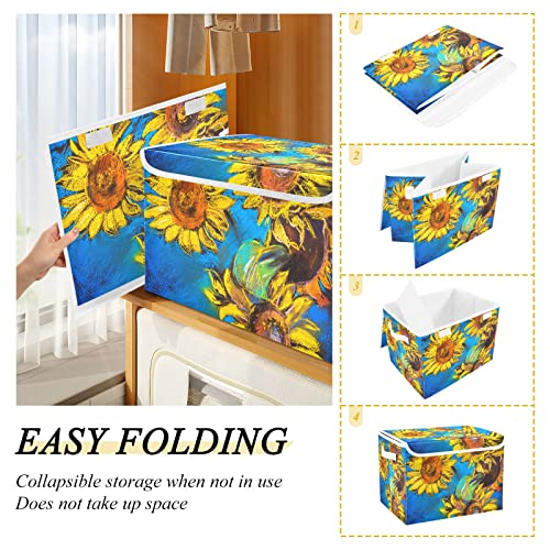 innewgogo Sunflowers Storage Bins with Lids for Organizing Foldable Storage Box With Lid with Handles Oxford Cloth Storage Cube Box for Home