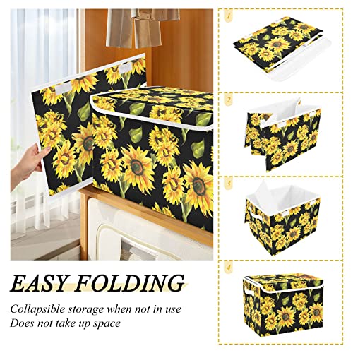 innewgogo Autumn Sunflower Storage Bins with Lids for Organizing Organizer Containers with Handles Oxford Cloth Storage Cube Box for Home