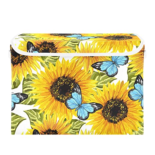 innewgogo Sunflowers Blue Butterflies Storage Bins with Lids for Organizing Large Collapsible Storage Bins with Handles Oxford Cloth Storage Cube Box for Car