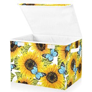 innewgogo Sunflowers Blue Butterflies Storage Bins with Lids for Organizing Large Collapsible Storage Bins with Handles Oxford Cloth Storage Cube Box for Car