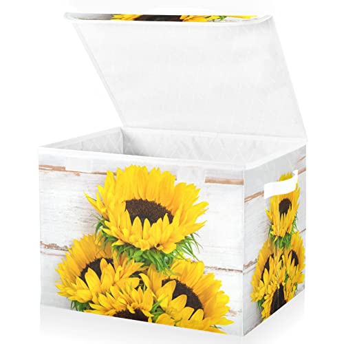 innewgogo Sunflowers Storage Bins with Lids for Organizing Foldable Storage Box With Lid with Handles Oxford Cloth Storage Cube Box for Books