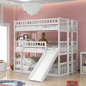 oyn wooden full-over-full-over-full triple bed frame with 2 built-in ladder and slide ,triple bed with full length guardrails for children, teens ,boys & girls, white