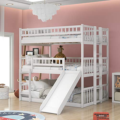 OYN Wooden Full-Over-Full-Over-Full Triple Bed Frame with 2 Built-in Ladder and Slide ,Triple Bed with Full Length Guardrails for Children, Teens ,Boys & Girls, White