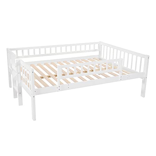 OYN Wooden Full-Over-Full-Over-Full Triple Bed Frame with 2 Built-in Ladder and Slide ,Triple Bed with Full Length Guardrails for Children, Teens ,Boys & Girls, White