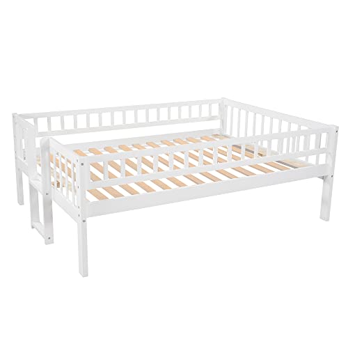 OYN Wooden Full-Over-Full-Over-Full Triple Bed Frame with 2 Built-in Ladder and Slide ,Triple Bed with Full Length Guardrails for Children, Teens ,Boys & Girls, White