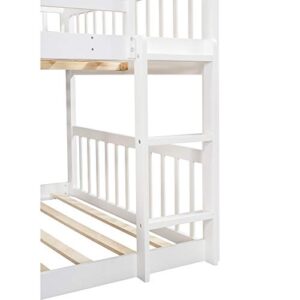 OYN Wooden Full-Over-Full-Over-Full Triple Bed Frame with 2 Built-in Ladder and Slide ,Triple Bed with Full Length Guardrails for Children, Teens ,Boys & Girls, White