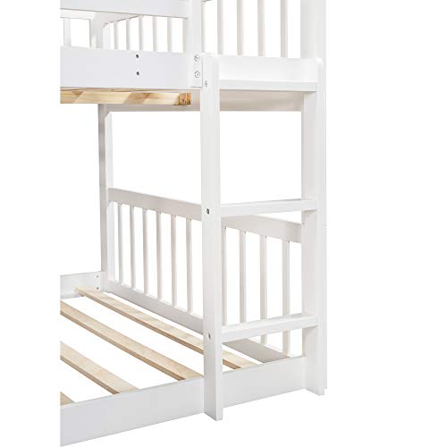 OYN Wooden Full-Over-Full-Over-Full Triple Bed Frame with 2 Built-in Ladder and Slide ,Triple Bed with Full Length Guardrails for Children, Teens ,Boys & Girls, White