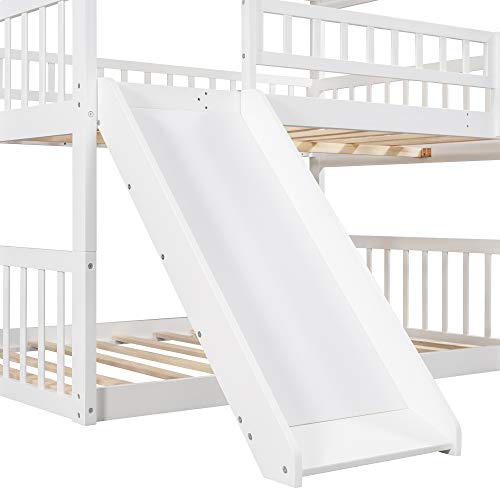 OYN Wooden Full-Over-Full-Over-Full Triple Bed Frame with 2 Built-in Ladder and Slide ,Triple Bed with Full Length Guardrails for Children, Teens ,Boys & Girls, White