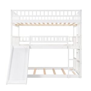 OYN Wooden Full-Over-Full-Over-Full Triple Bed Frame with 2 Built-in Ladder and Slide ,Triple Bed with Full Length Guardrails for Children, Teens ,Boys & Girls, White