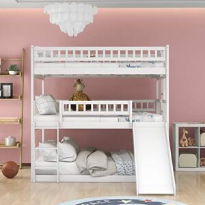 OYN Wooden Full-Over-Full-Over-Full Triple Bed Frame with 2 Built-in Ladder and Slide ,Triple Bed with Full Length Guardrails for Children, Teens ,Boys & Girls, White