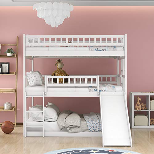 OYN Wooden Full-Over-Full-Over-Full Triple Bed Frame with 2 Built-in Ladder and Slide ,Triple Bed with Full Length Guardrails for Children, Teens ,Boys & Girls, White