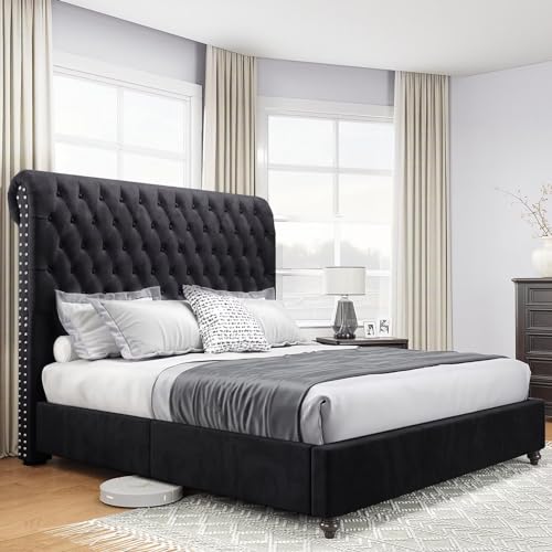 Jocisland Upholstered Bed Frame Queen Size Velvet Tufted Bed Frame Sleigh Headboard Black