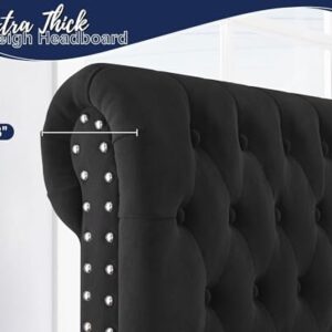 Jocisland Upholstered Bed Frame Queen Size Velvet Tufted Bed Frame Sleigh Headboard Black