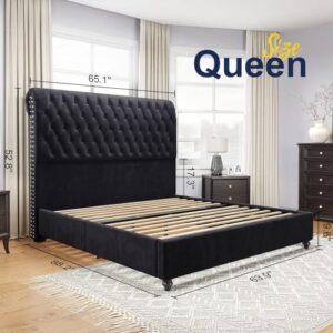 Jocisland Upholstered Bed Frame Queen Size Velvet Tufted Bed Frame Sleigh Headboard Black