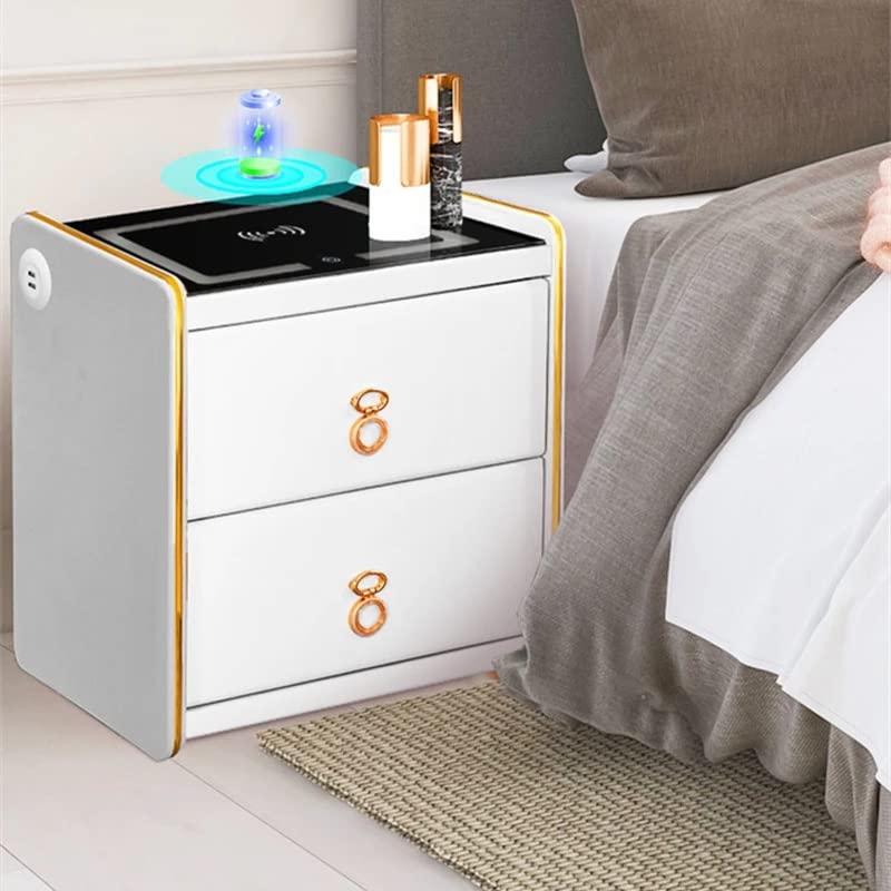 N/A Armoire Chevet Intelligente avec Chargeur Sans fil LED, Meuble Rangement Multifonctionnel avec Table Bois