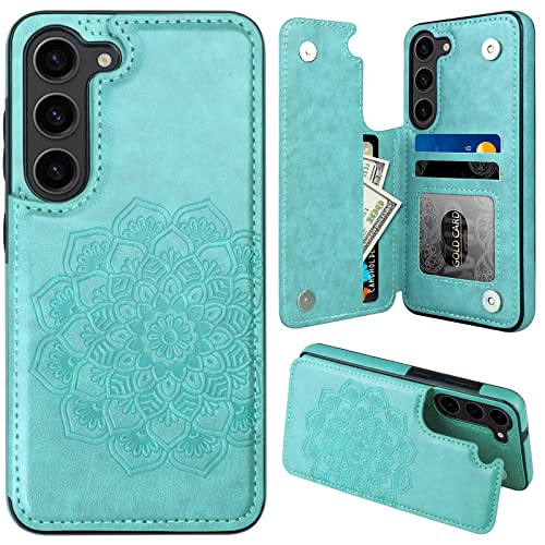 MMHUO for Samsung S23 Plus Case with Card Holder,Flower Magnetic Back Flip Case for Samsung Galaxy S23 Plus Wallet Case for Women,Protective Case Phone Case for Samsung Galaxy S23 Plus 5G,Mint