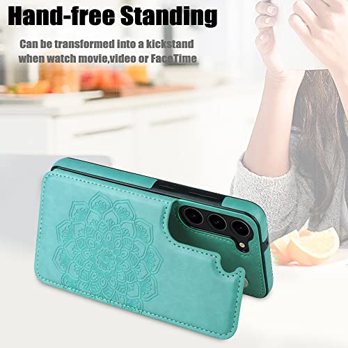 MMHUO for Samsung S23 Plus Case with Card Holder,Flower Magnetic Back Flip Case for Samsung Galaxy S23 Plus Wallet Case for Women,Protective Case Phone Case for Samsung Galaxy S23 Plus 5G,Mint