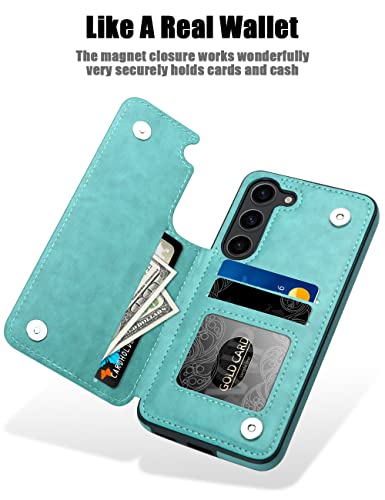 MMHUO for Samsung S23 Plus Case with Card Holder,Flower Magnetic Back Flip Case for Samsung Galaxy S23 Plus Wallet Case for Women,Protective Case Phone Case for Samsung Galaxy S23 Plus 5G,Mint