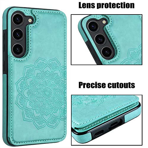 MMHUO for Samsung S23 Plus Case with Card Holder,Flower Magnetic Back Flip Case for Samsung Galaxy S23 Plus Wallet Case for Women,Protective Case Phone Case for Samsung Galaxy S23 Plus 5G,Mint