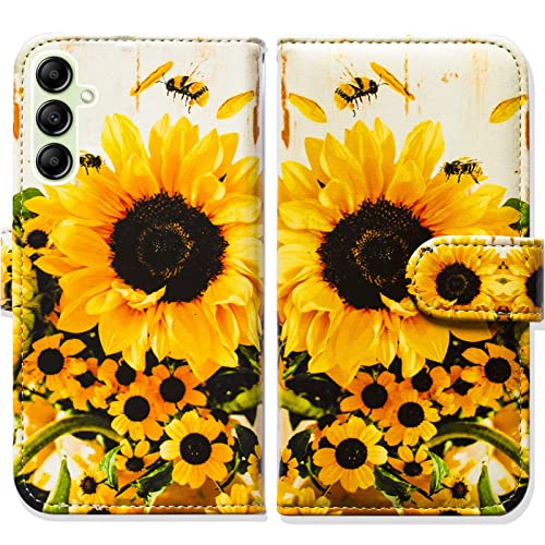 Bcov Galaxy A14 5G Case, Sunflower Bee Flip Phone Case Wallet Cover with Card Slot Holder Kickstand for Samsung Galaxy A14 5G