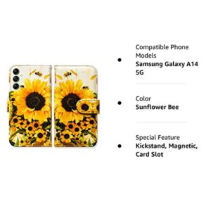 Bcov Galaxy A14 5G Case, Sunflower Bee Flip Phone Case Wallet Cover with Card Slot Holder Kickstand for Samsung Galaxy A14 5G