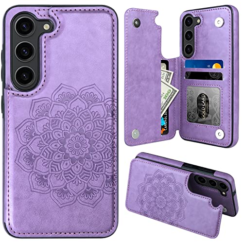 MMHUO for Samsung S23 Plus Case with Card Holder,Flower Magnetic Back Flip Case for Samsung Galaxy S23 Plus Wallet Case for Women,Protective Case Phone Case for Samsung Galaxy S23 Plus 5G,Purple