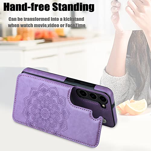 MMHUO for Samsung S23 Plus Case with Card Holder,Flower Magnetic Back Flip Case for Samsung Galaxy S23 Plus Wallet Case for Women,Protective Case Phone Case for Samsung Galaxy S23 Plus 5G,Purple