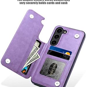 MMHUO for Samsung S23 Plus Case with Card Holder,Flower Magnetic Back Flip Case for Samsung Galaxy S23 Plus Wallet Case for Women,Protective Case Phone Case for Samsung Galaxy S23 Plus 5G,Purple