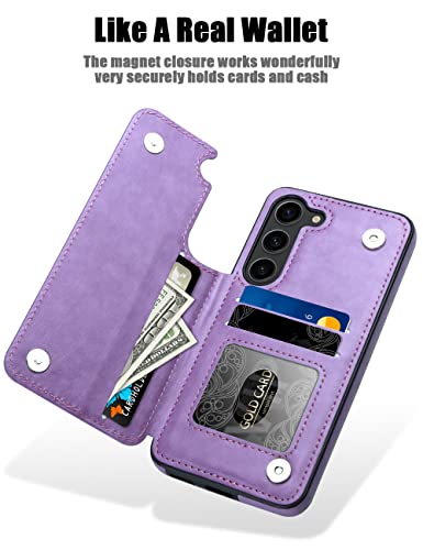 MMHUO for Samsung S23 Plus Case with Card Holder,Flower Magnetic Back Flip Case for Samsung Galaxy S23 Plus Wallet Case for Women,Protective Case Phone Case for Samsung Galaxy S23 Plus 5G,Purple