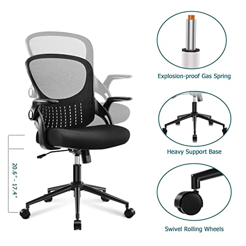 Home Office Desk Chair, Ergonomic Mesh Computer Chair, Task Swivel Rolling Chair with Lumbar Support and Flip-up Arms for Office, Study, Bedroom