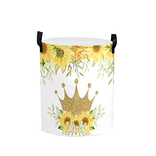 Floral Crown Princess Sunflower Personalized Laundry Basket Hamper,Collapsible Storage Baskets with Handles for Kids Room,Clothes, Nursery Decor