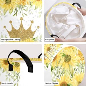 Floral Crown Princess Sunflower Personalized Laundry Basket Hamper,Collapsible Storage Baskets with Handles for Kids Room,Clothes, Nursery Decor